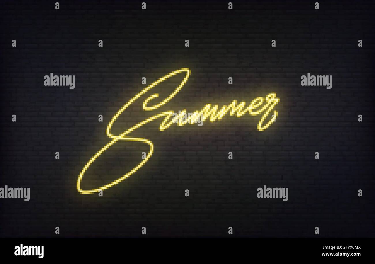 Summer neon sign. Glowing yellow lettering Summer calligraphy Stock ...
