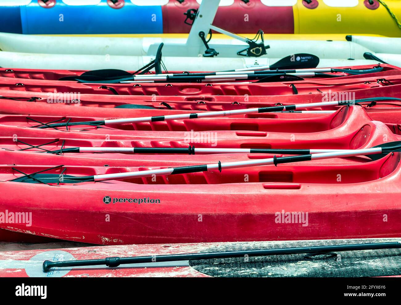 Red kayaks pulled out of the water sitting on the beach Stock Photo - Alamy