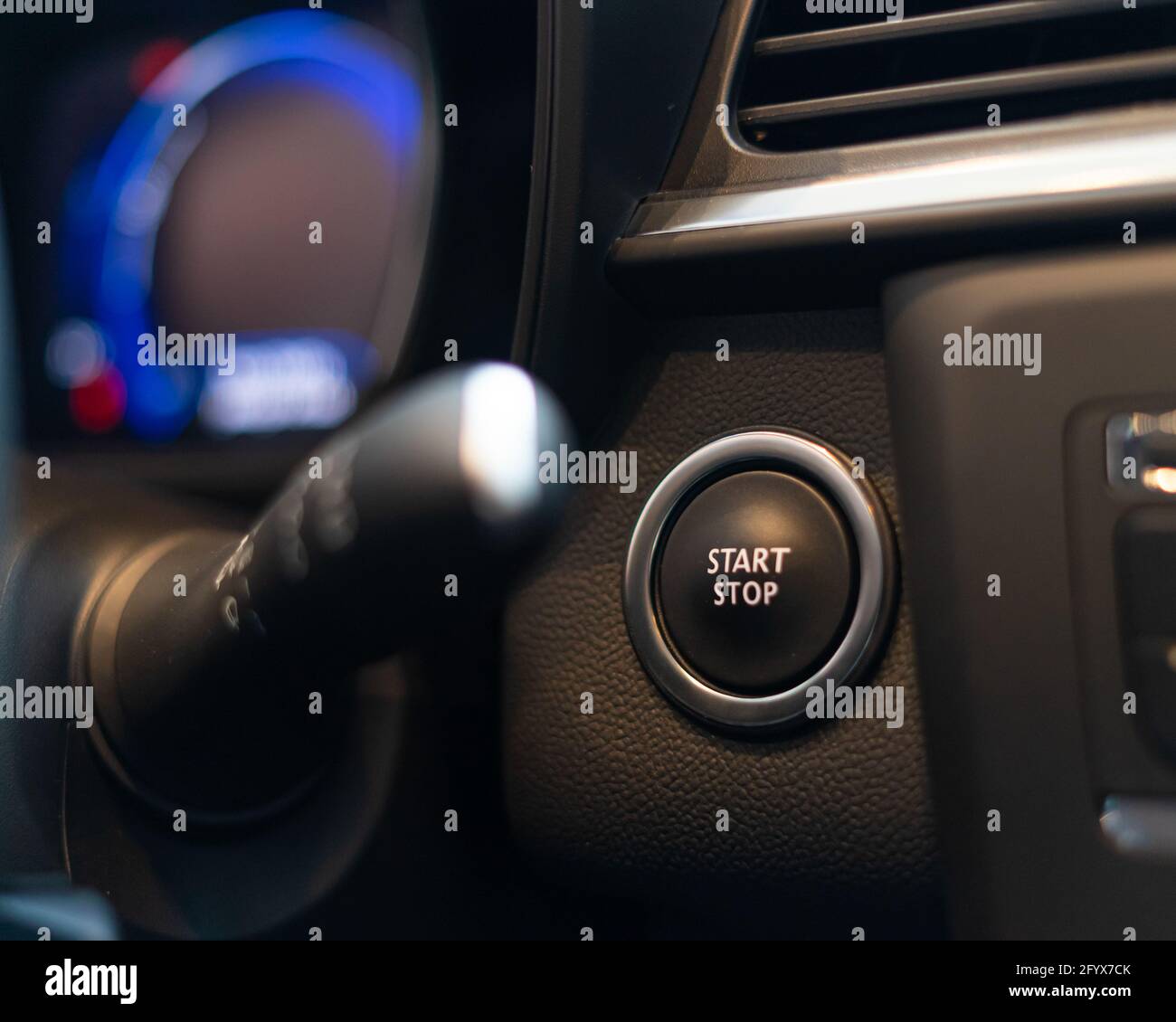 Car instrument panel start power button Dashboard with speedometer ...