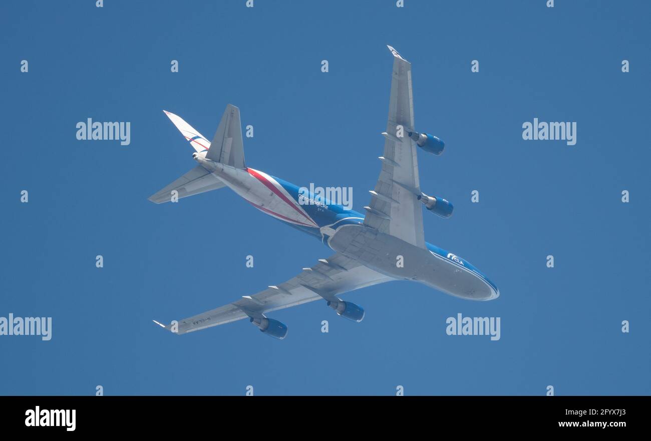 London, UK. 30 May 2021. A CargoLogicAir Jumbo Jet freighter leaves ...