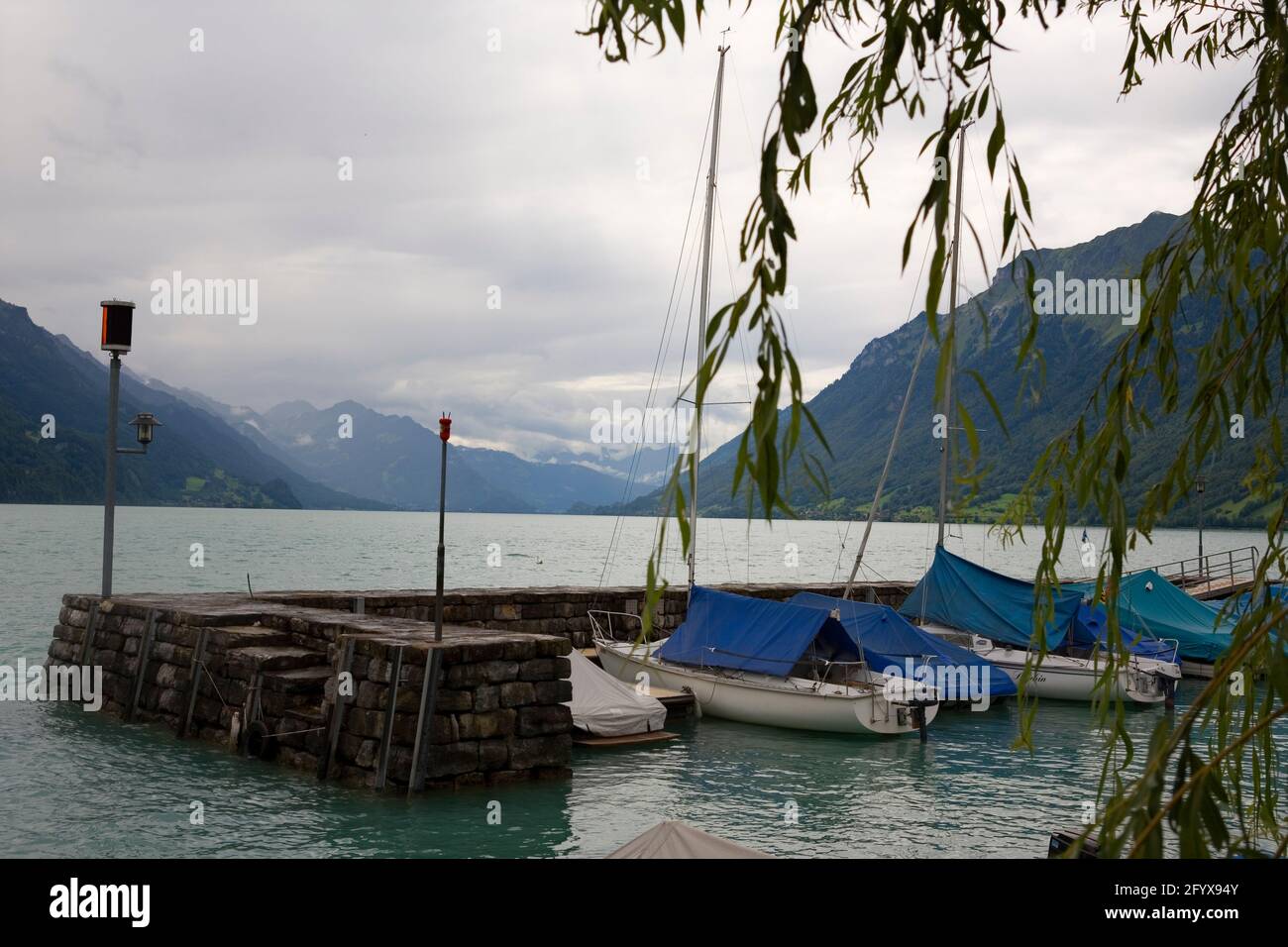 The Brienzersee and a little boat dock for yachts in the town of Brienz ...