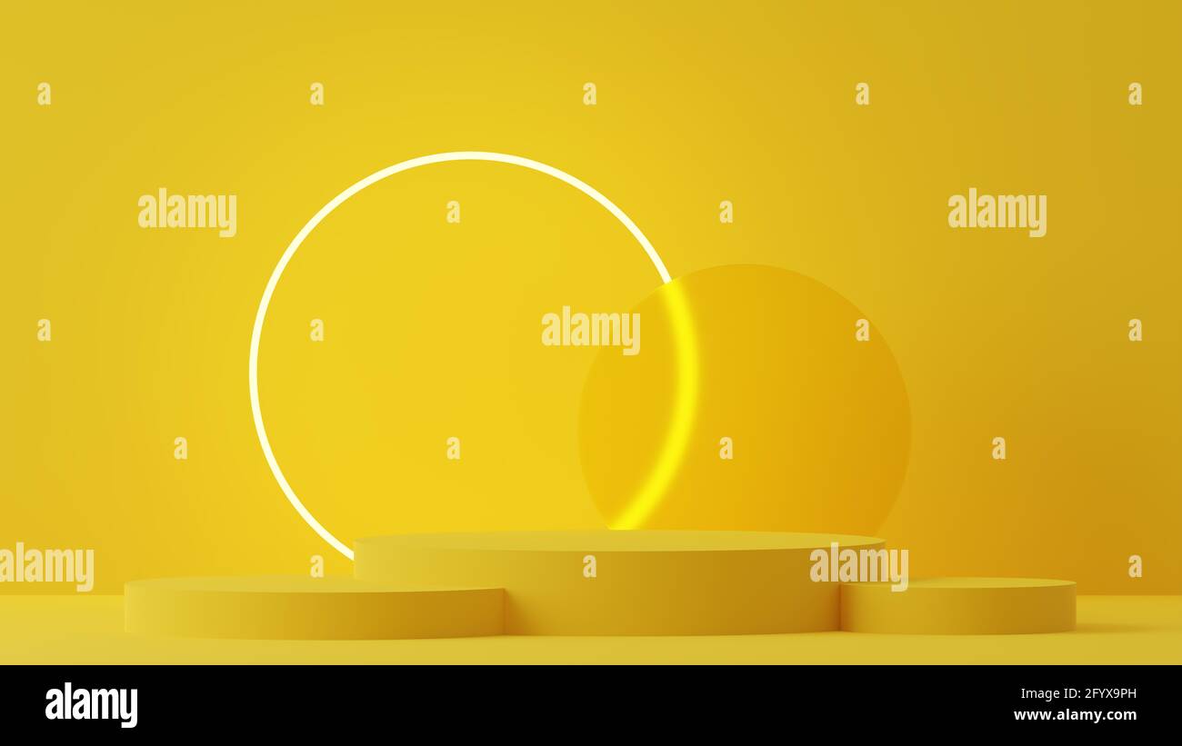 Yellow 3D illustration of platforms and decorative elements surrounding ...