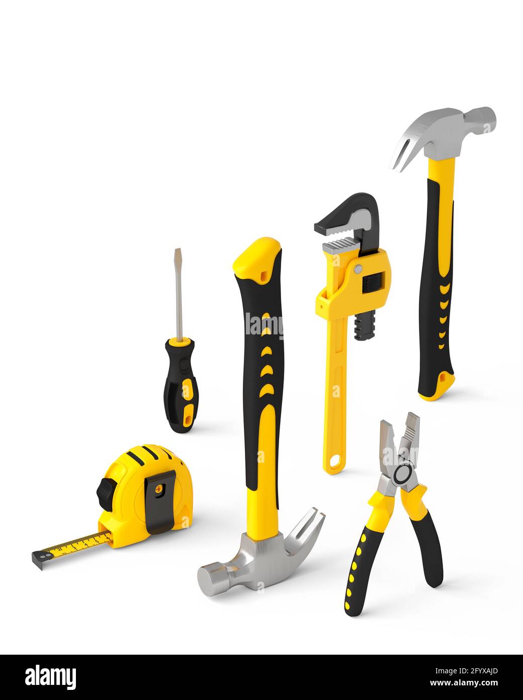 Isometric view of yellow construction tools for repair on white Stock ...