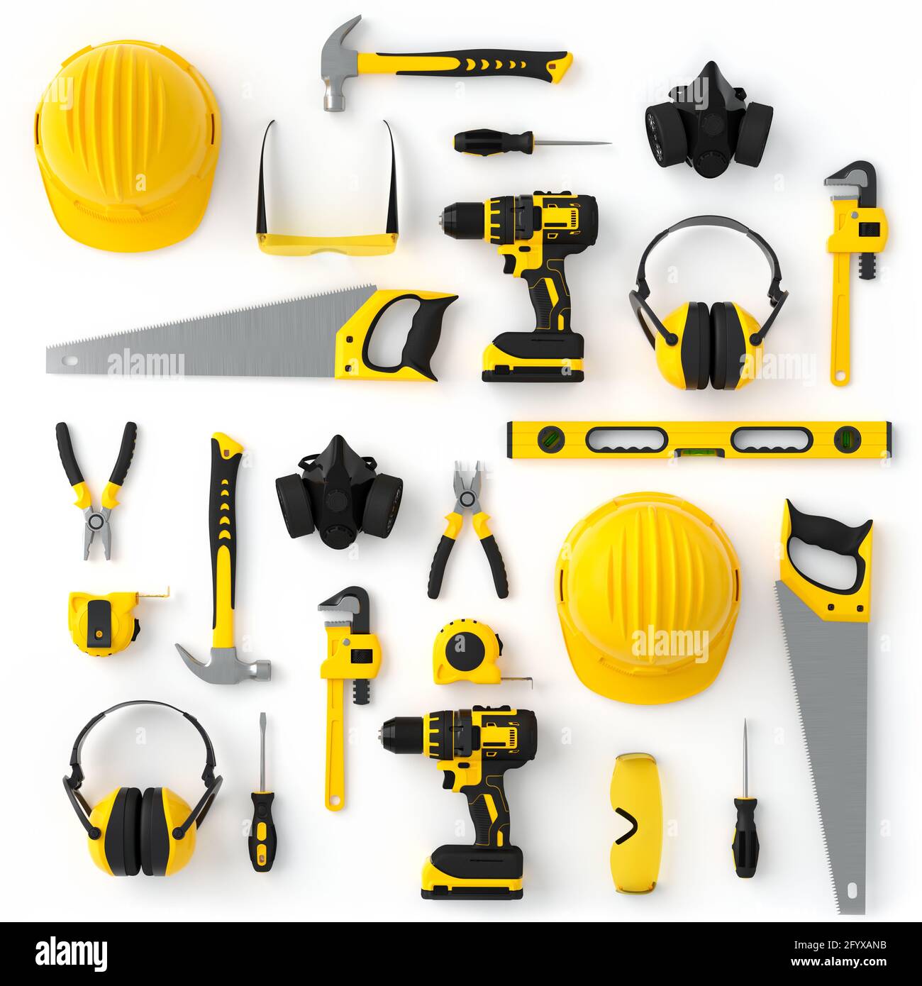 Top view of yellow construction tools for repair and installation on ...