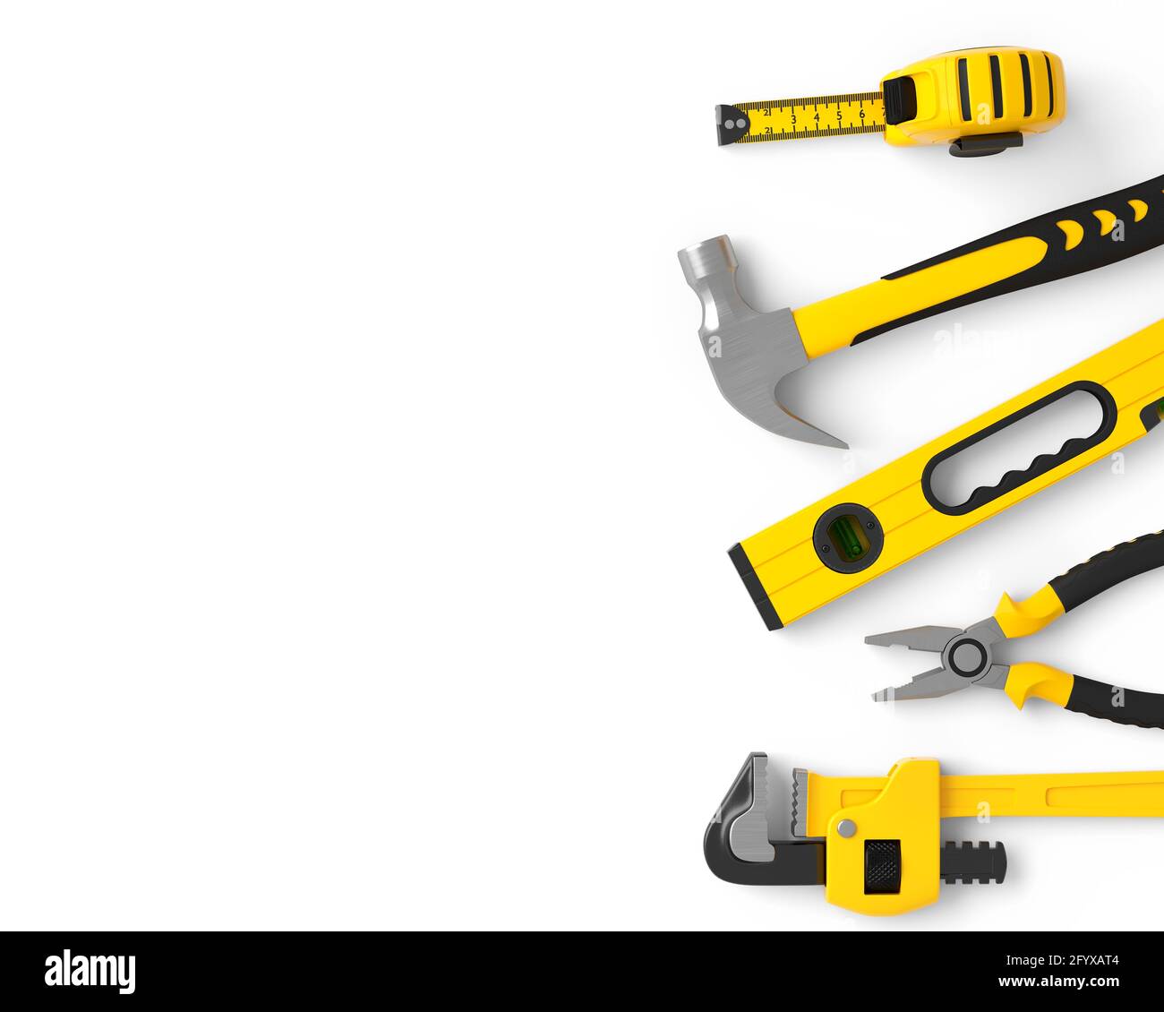 Top view of yellow construction tools for repair and installation on ...