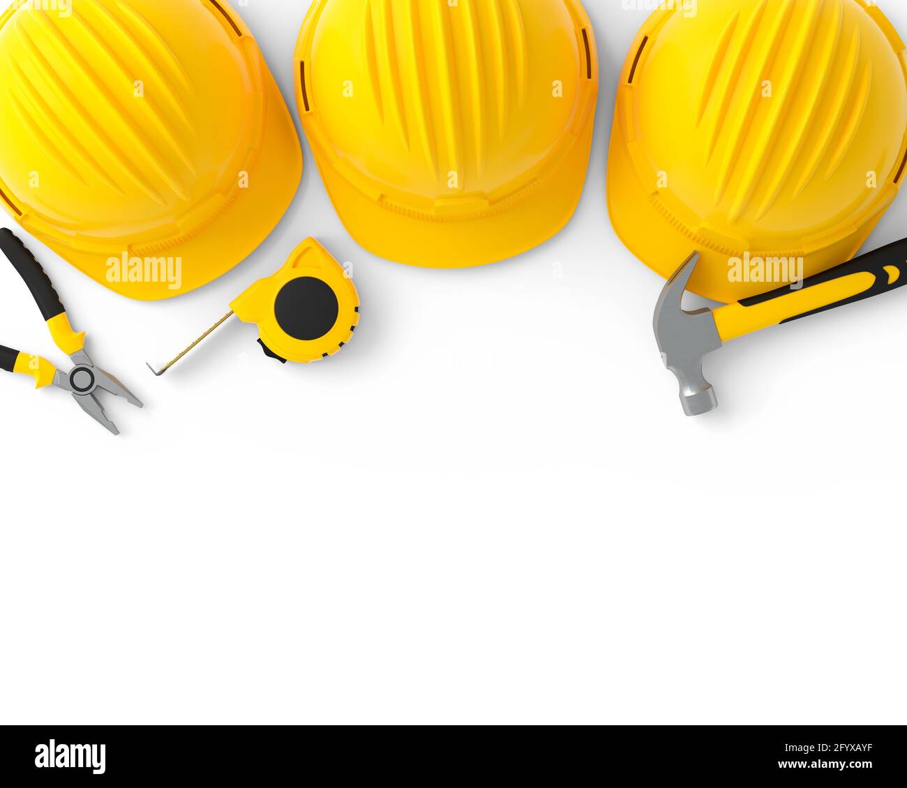 Top view of yellow construction tools for repair and installation on ...