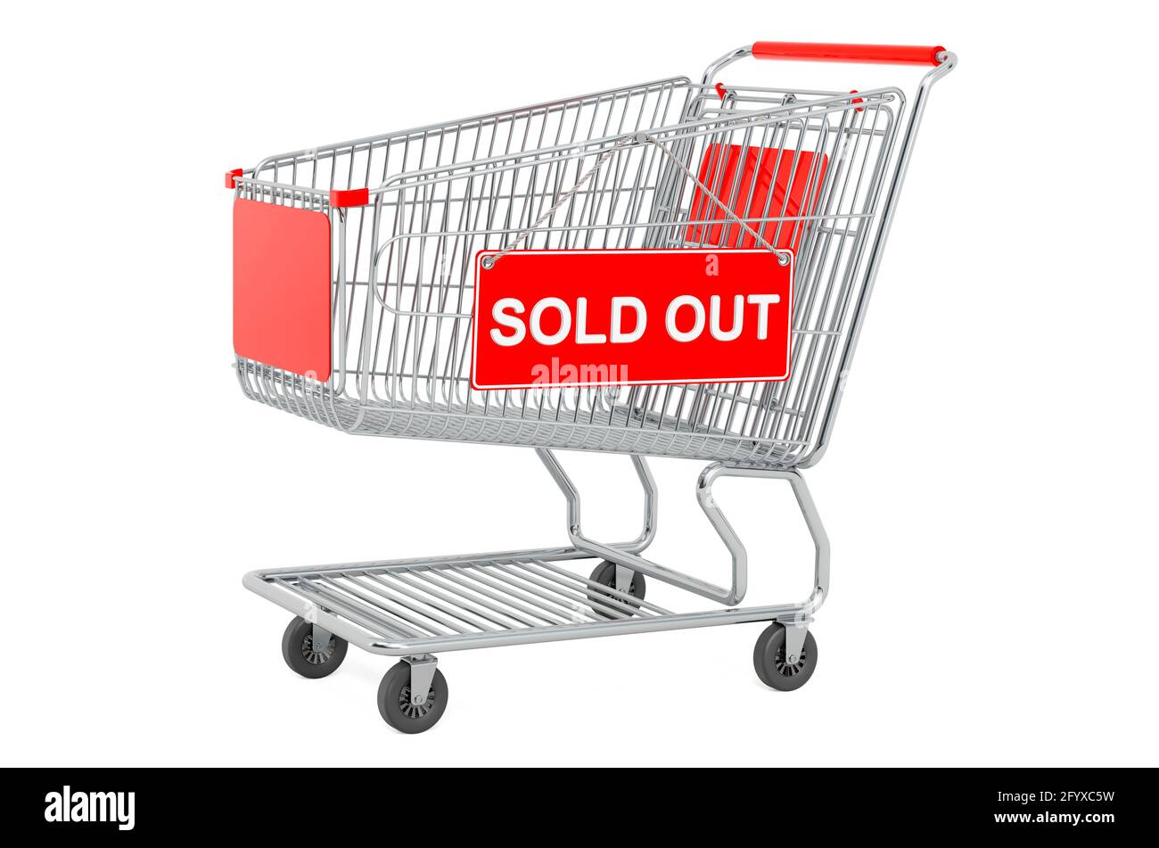 Shopping cart with sold out sign, 3D rendering isolated on white ...