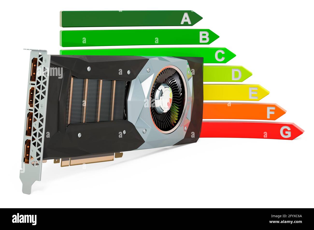 Video card, GPU with energy efficiency chart, 3D rendering isolated on ...