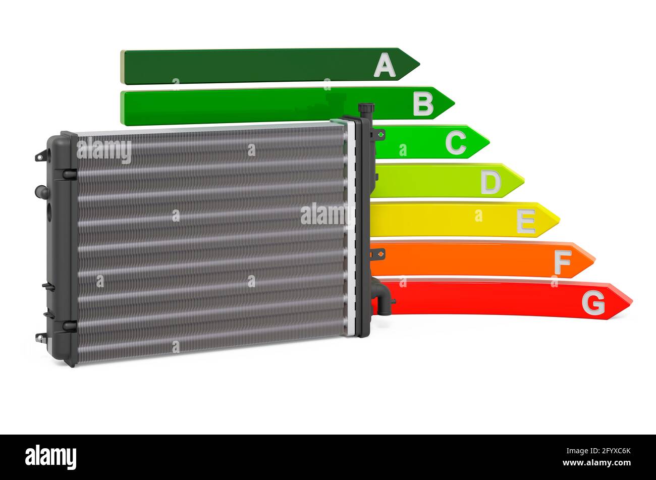 Car radiator with energy efficiency chart, 3D rendering isolated on ...