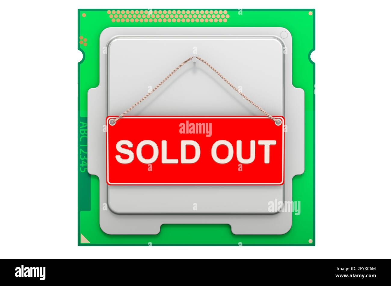Computer processor unit with Sold Out sign. Shortages of CPU concept, 3D rendering isolated on ...
