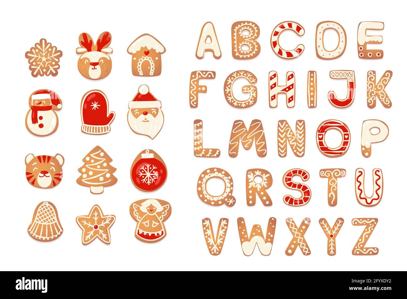 Christmas gingerbread cookies alphabet with figures. Biscuit letters ...