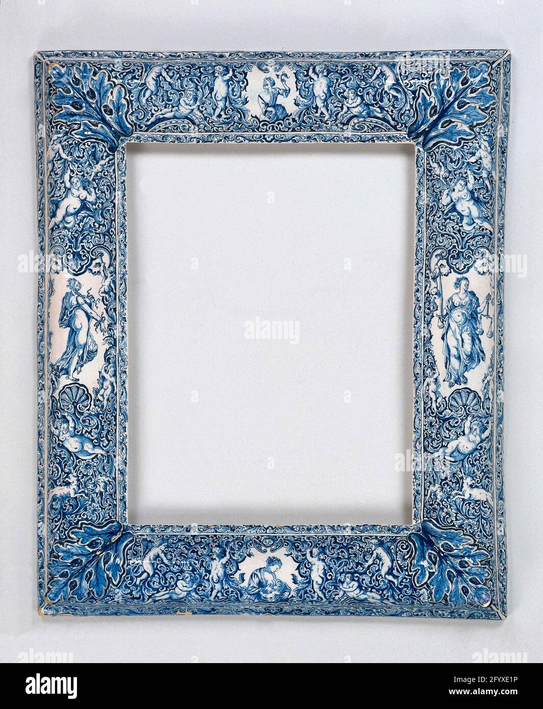 Mirror list, painted with four allegorical women's figures. Faïence ...