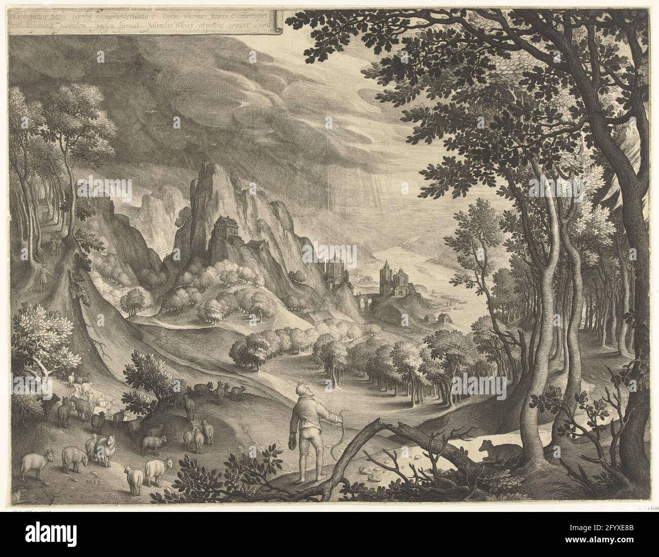 Moses is approached by God on the Horeb mountain; Moses at the burning ...