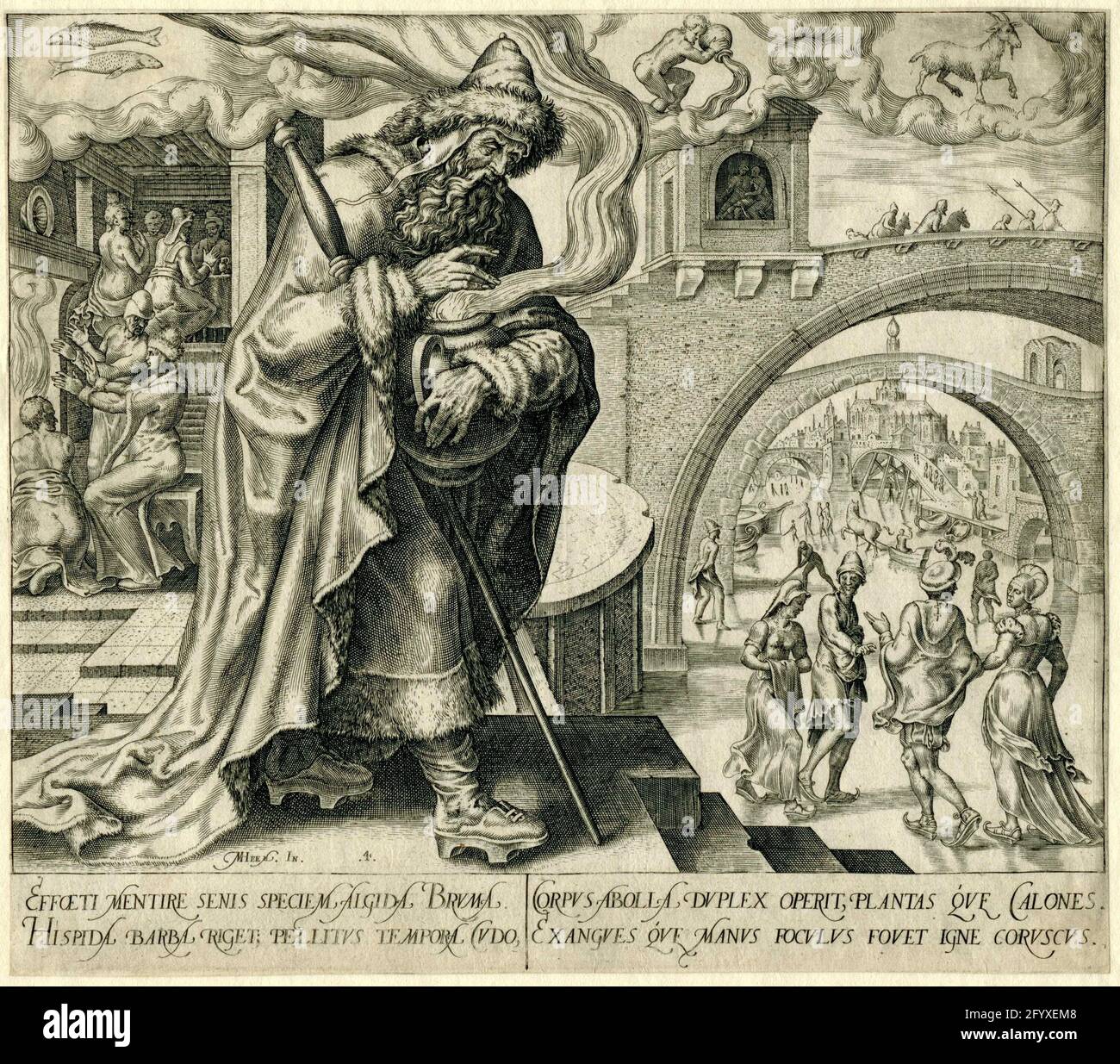 Winter; The four Seasons. In the foreground an old man as the person's ...