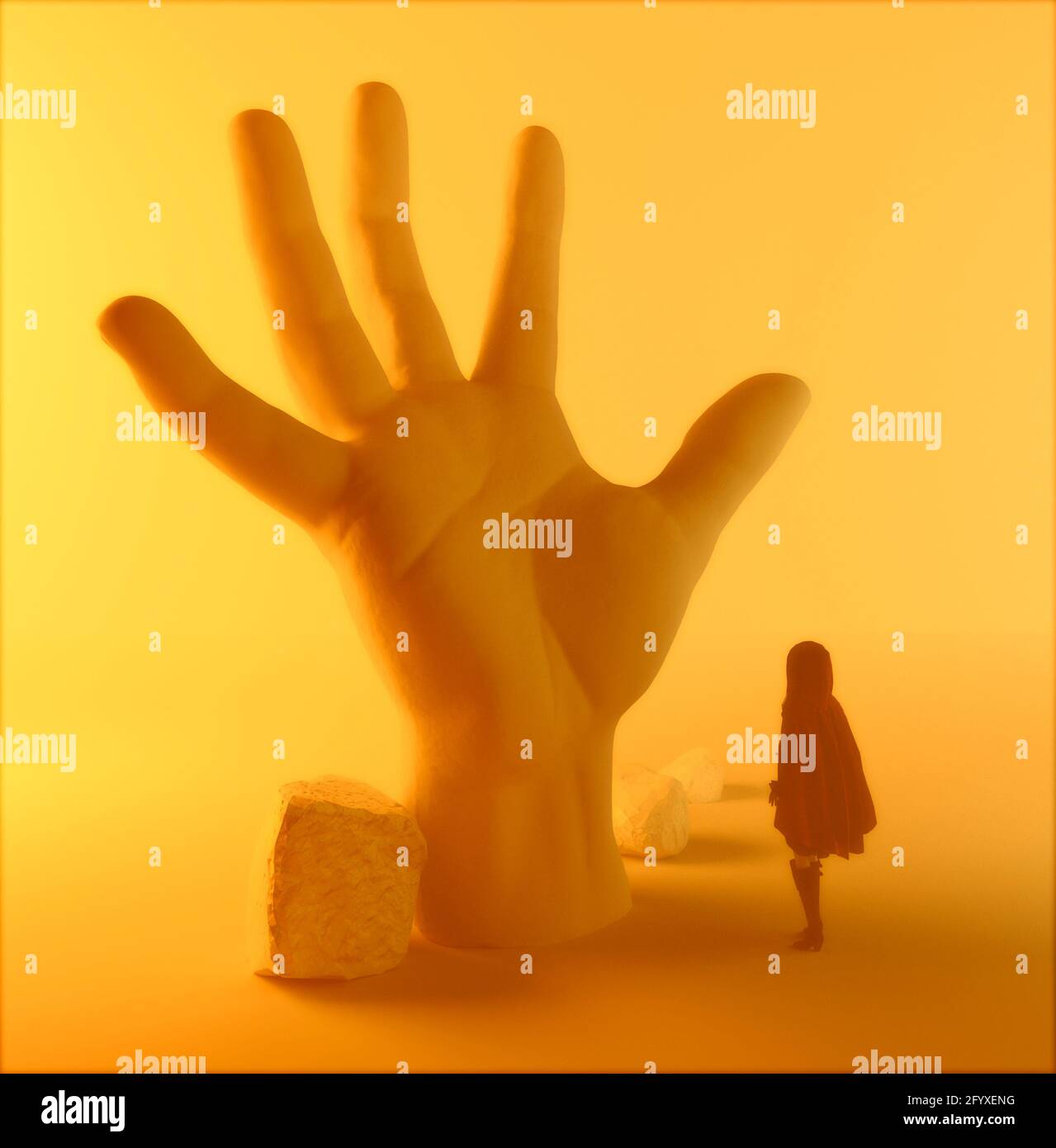 Fantasy, sci-fi, post apocalyptic landscape. Statue of a hand sticking ...