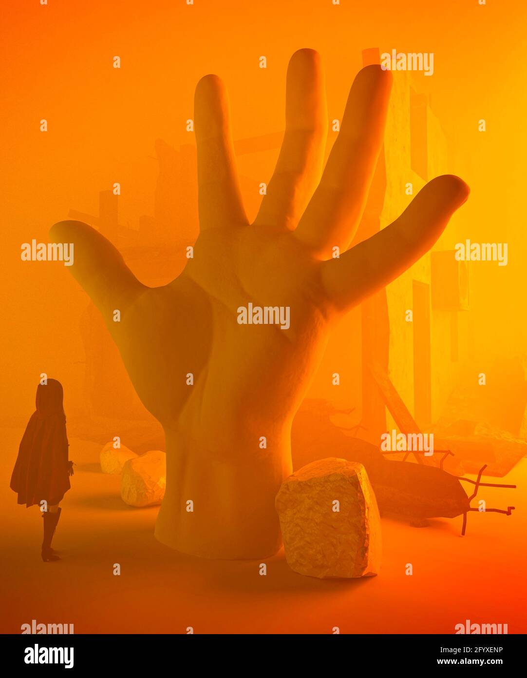 Fantasy, sci-fi, post apocalyptic landscape. Statue of a hand sticking ...