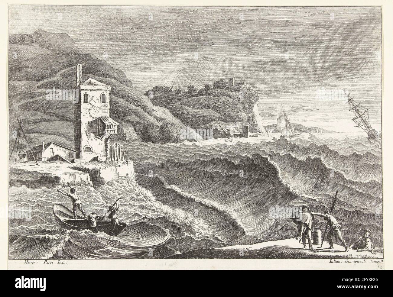 Coastal landscape with storm at sea and firebone; Italian landscapes ...