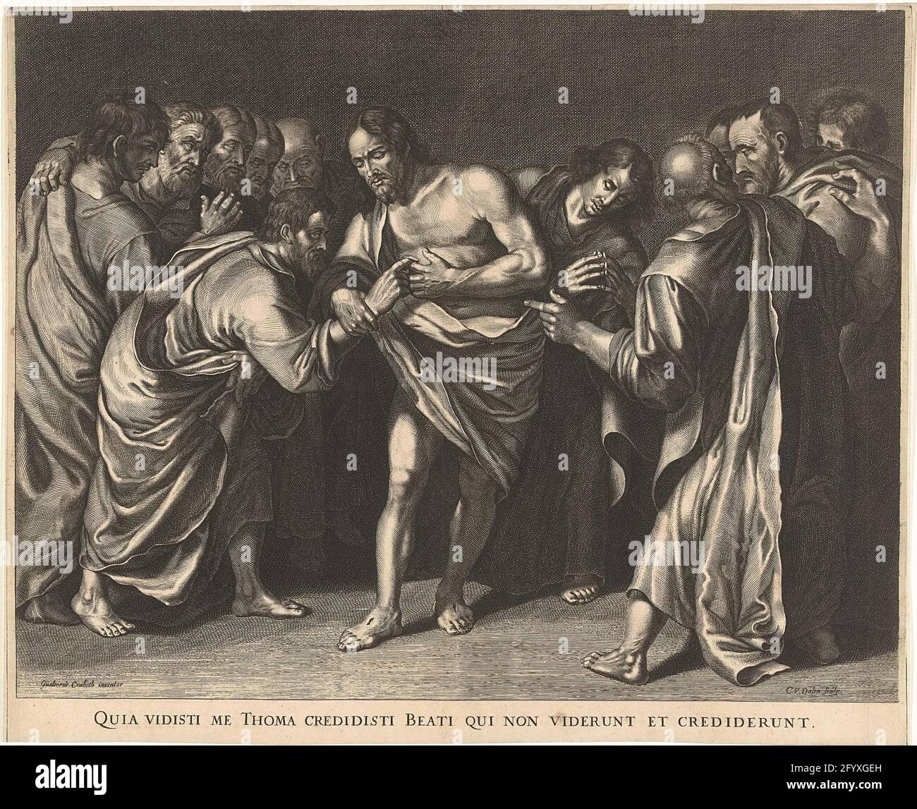 Unbeliever Thomas touches Christ's wound; Quia vidisti me thoma ...