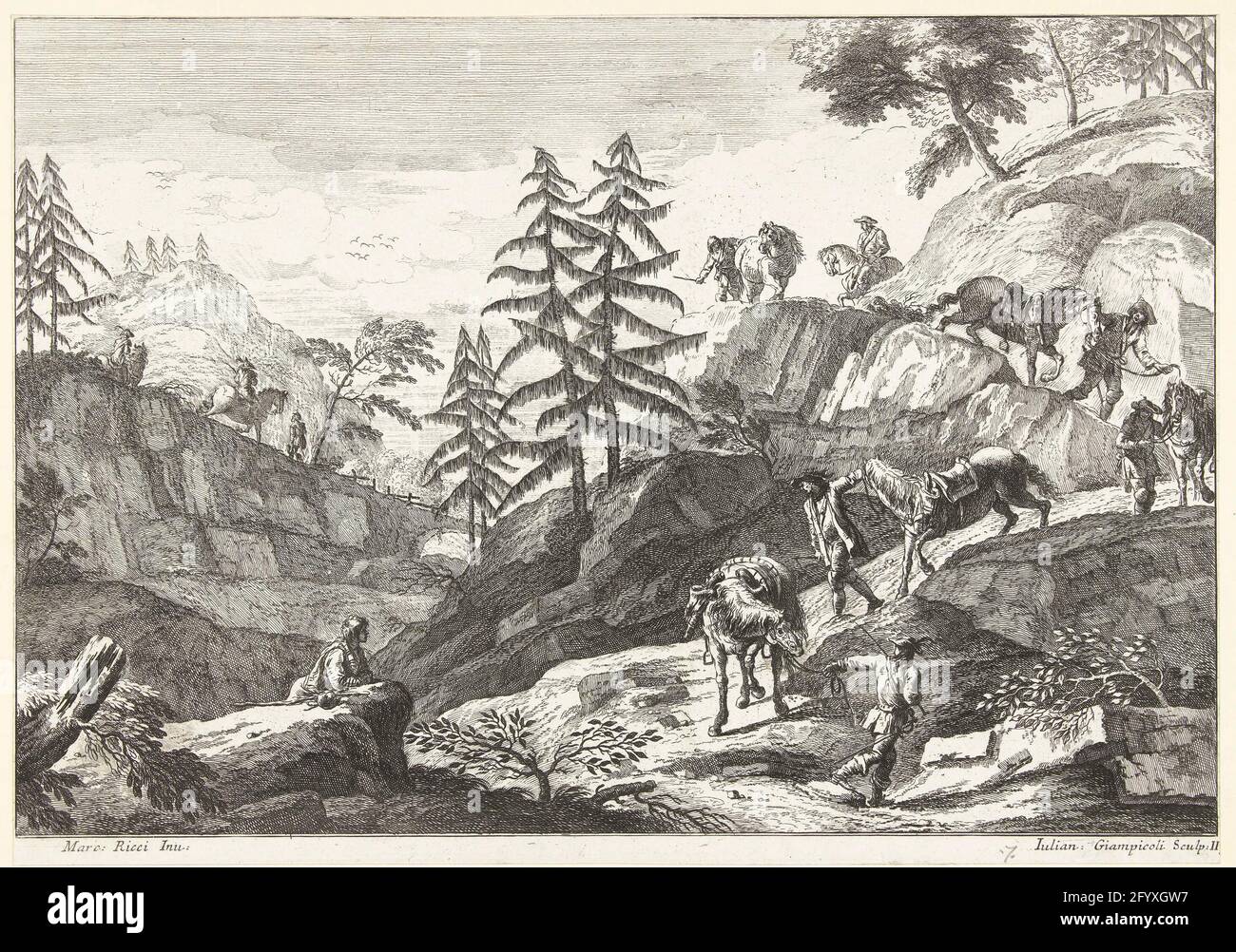 Mountain landscape with riders who guide horses downhill on the road ...