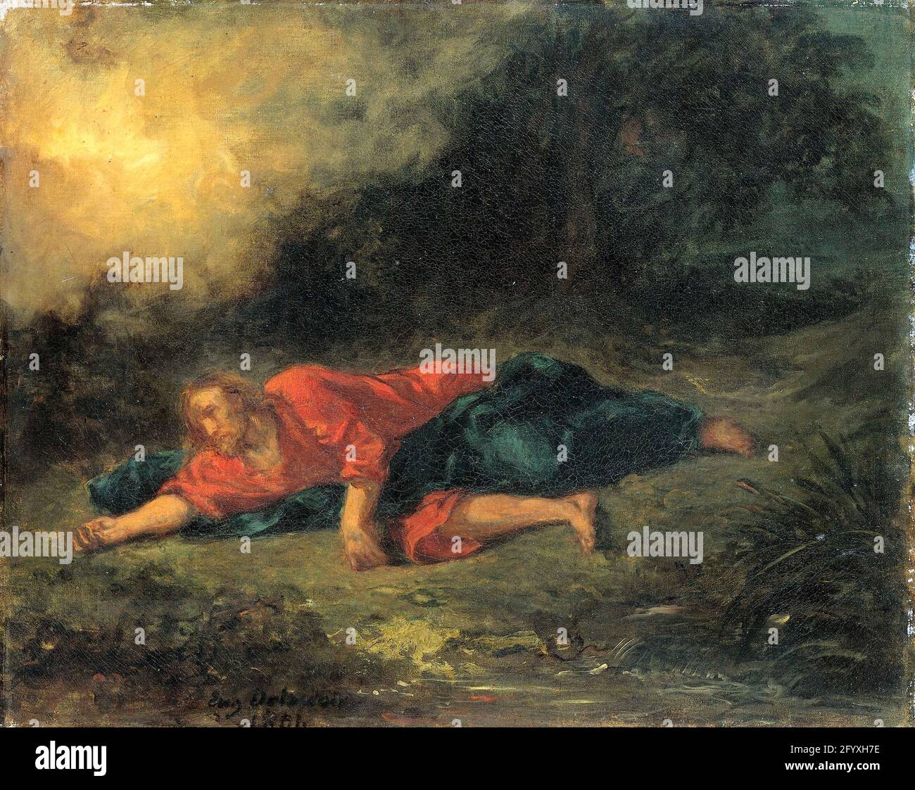 The Agony in The Garden. Christ in Gethsemané. Christ is stretched out ...