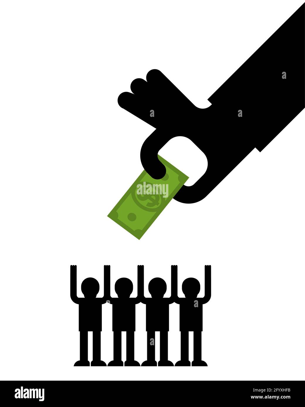 Hand holds out money to people. boss pays subordinates. Pay concept ...