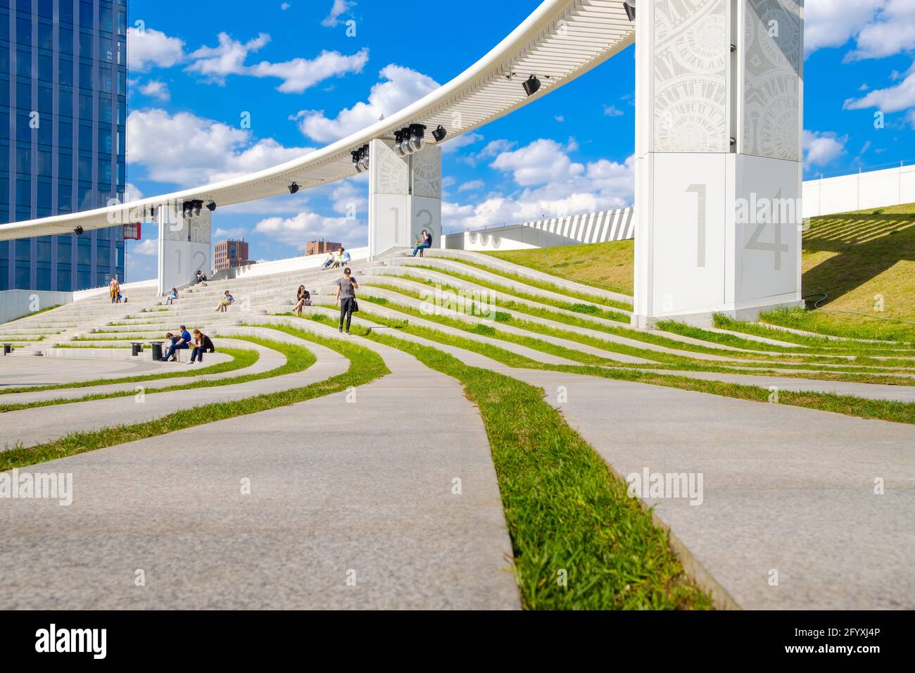 Moscow. Russia. May 26, 2021. Modern recreation area with abstract ...