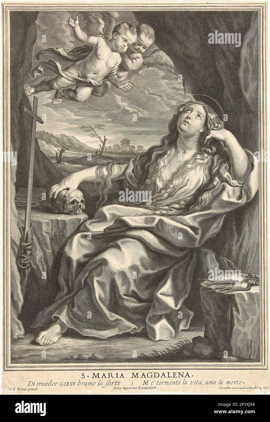 Mary Magdalene. Maria Magdalena sitting in a cave. Her hand rests on a ...