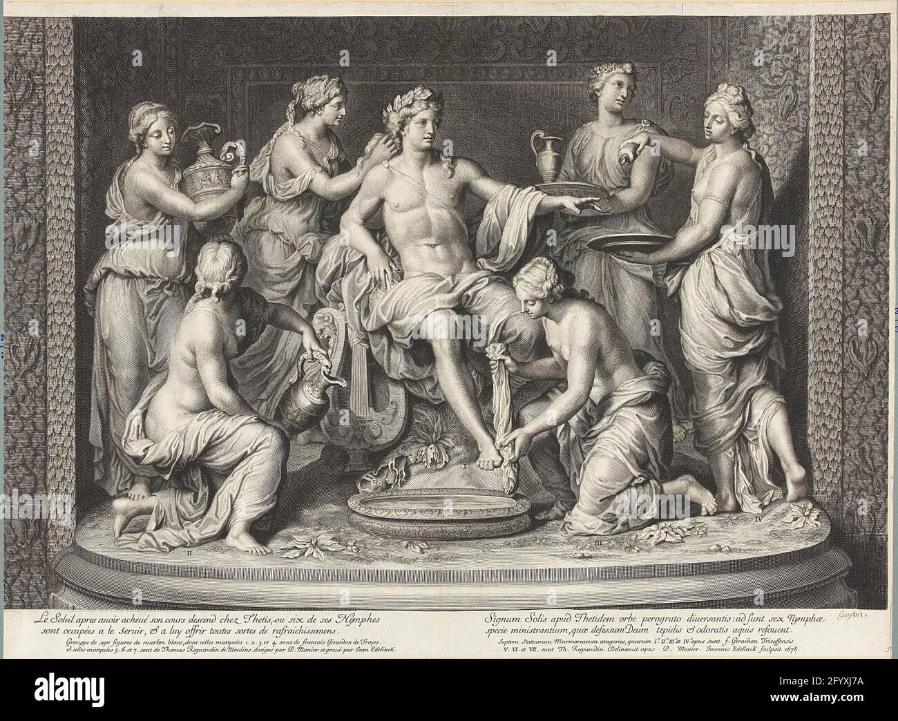 Apollo and six muses. Apollo with laurel wreath and his winch next to ...