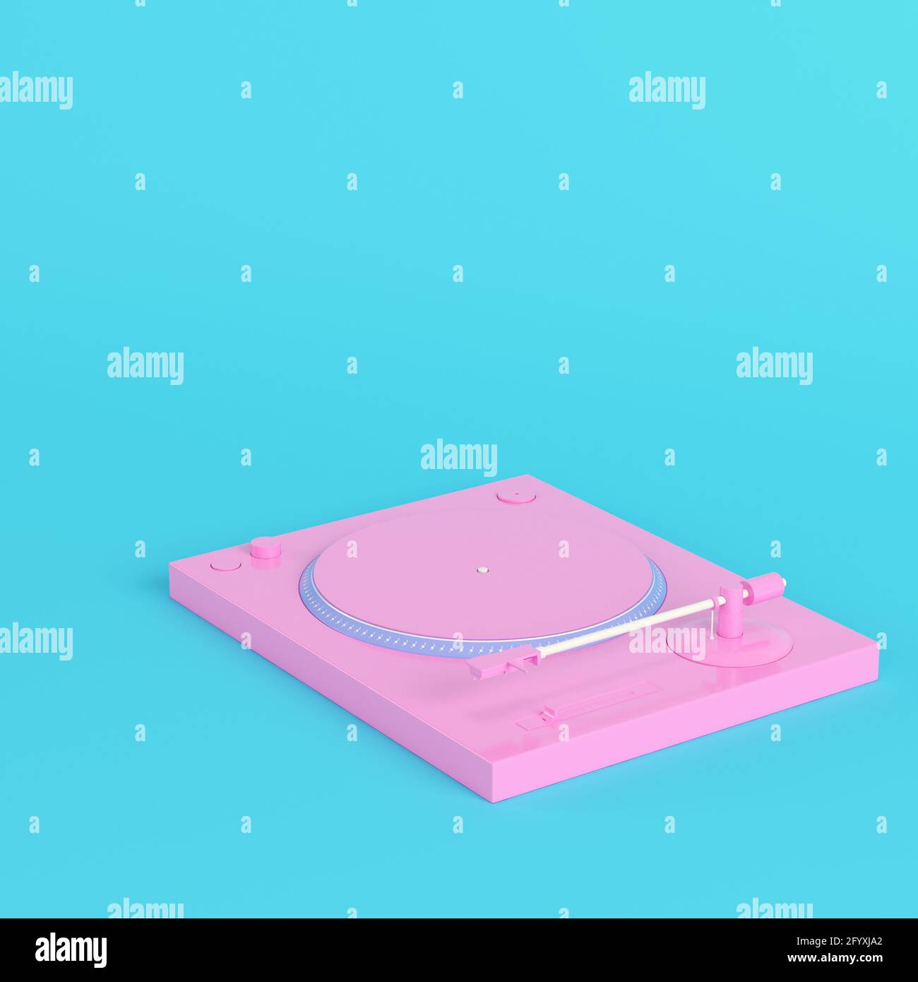 Pink turntable on bright blue background in pastel colors. Minimalism ...