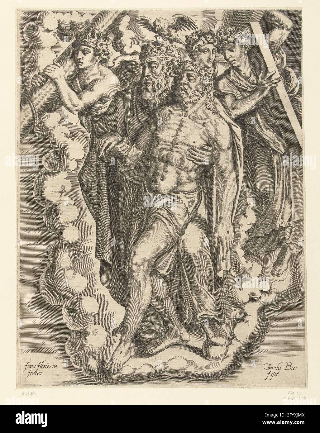 Holy Trinity. God, standing on the clouds, supports the corpse of ...