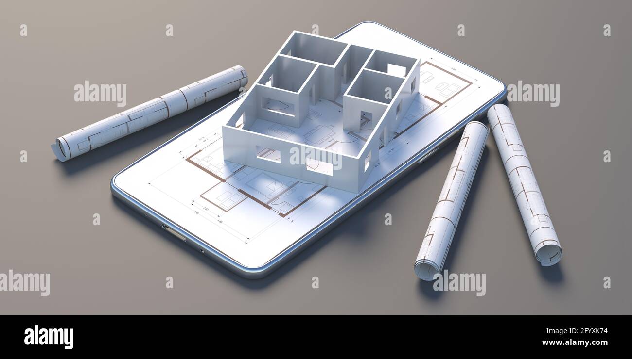 Construction project, architect engineer mobile phone concept ...