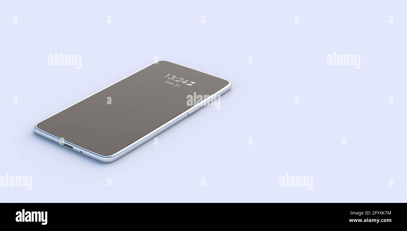 Mobile phone with blank screen isolated on light blue background. Empty ...