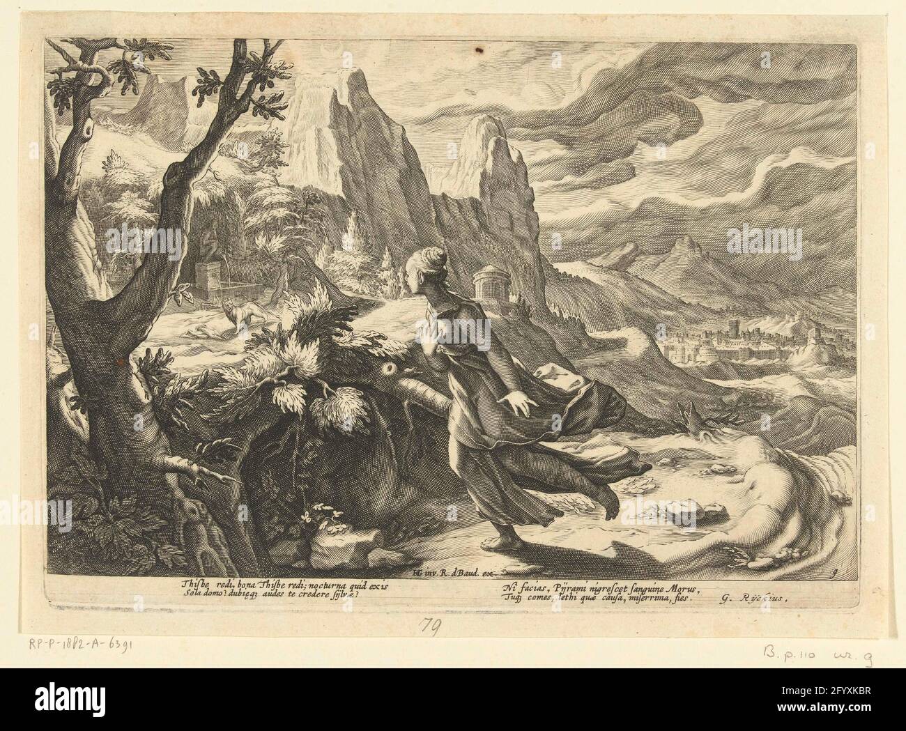 Thisbe flight for a lion; Ovidius' metamorphoses. Thisbe looks ...