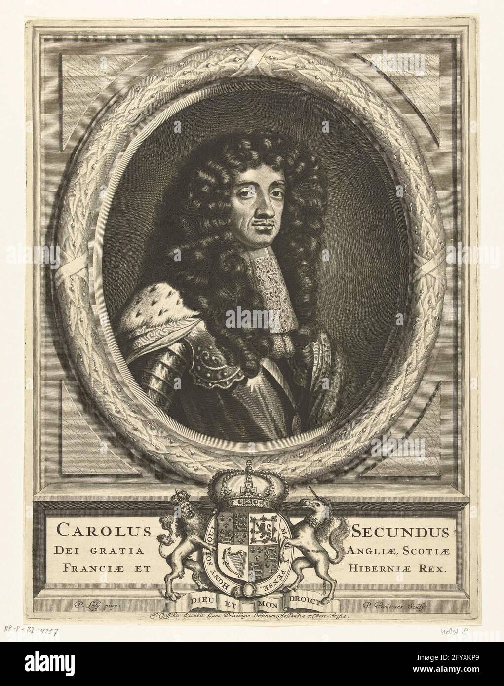Portrait of Karel II, king of England. Portrait in oval list of Karel ...