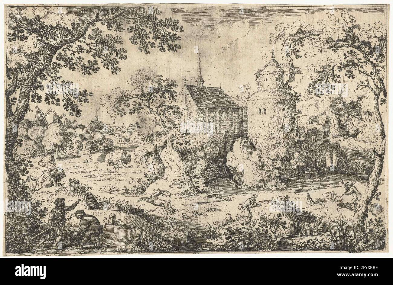 Deer hunt at a chapel; Two deer hunting scenes. In a tree-rich swamp in ...