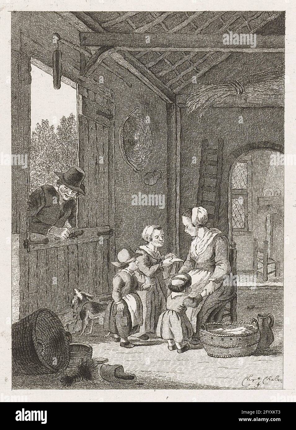 Boer family. The barn of a farm. The farmer's sitting on a chair and ...