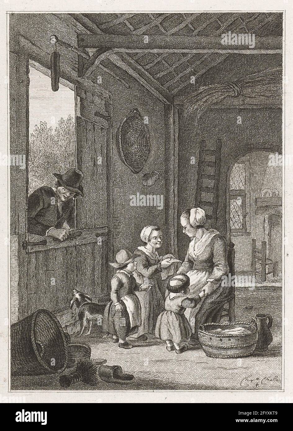 Boer family. The barn of a farm. The farmer's sitting on a chair and ...