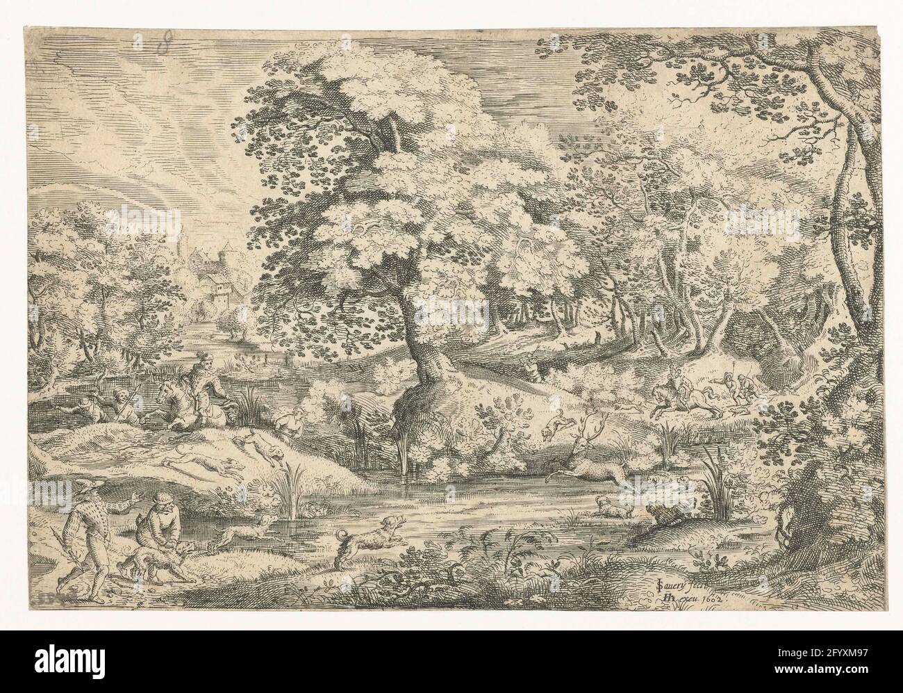 Deer hunt in a swamp; Two deer hunting scenes. In a tree-rich swamp, a ...