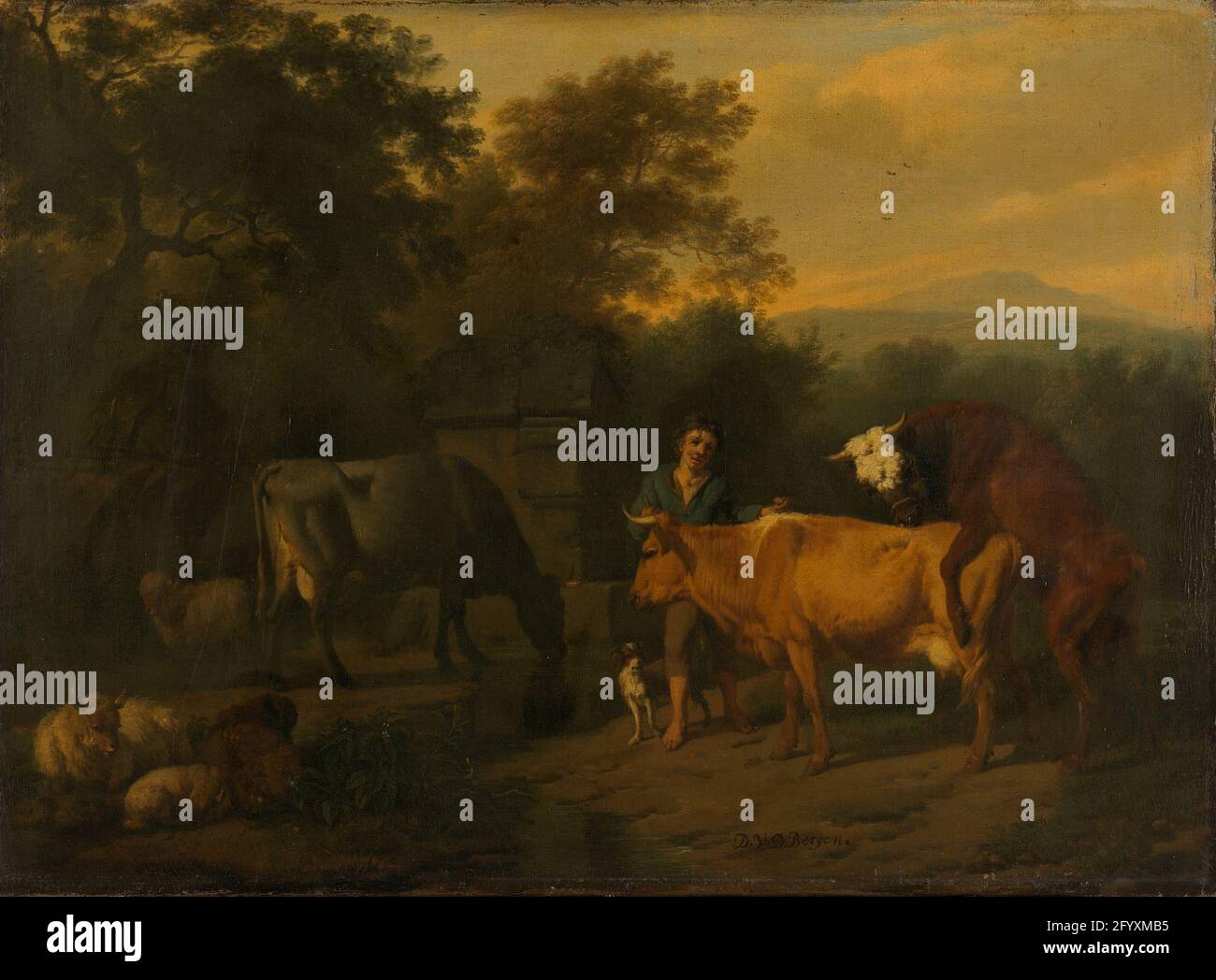 Landscape with Herdsman and Cattle. Shepherd boy with his cattle at an ...