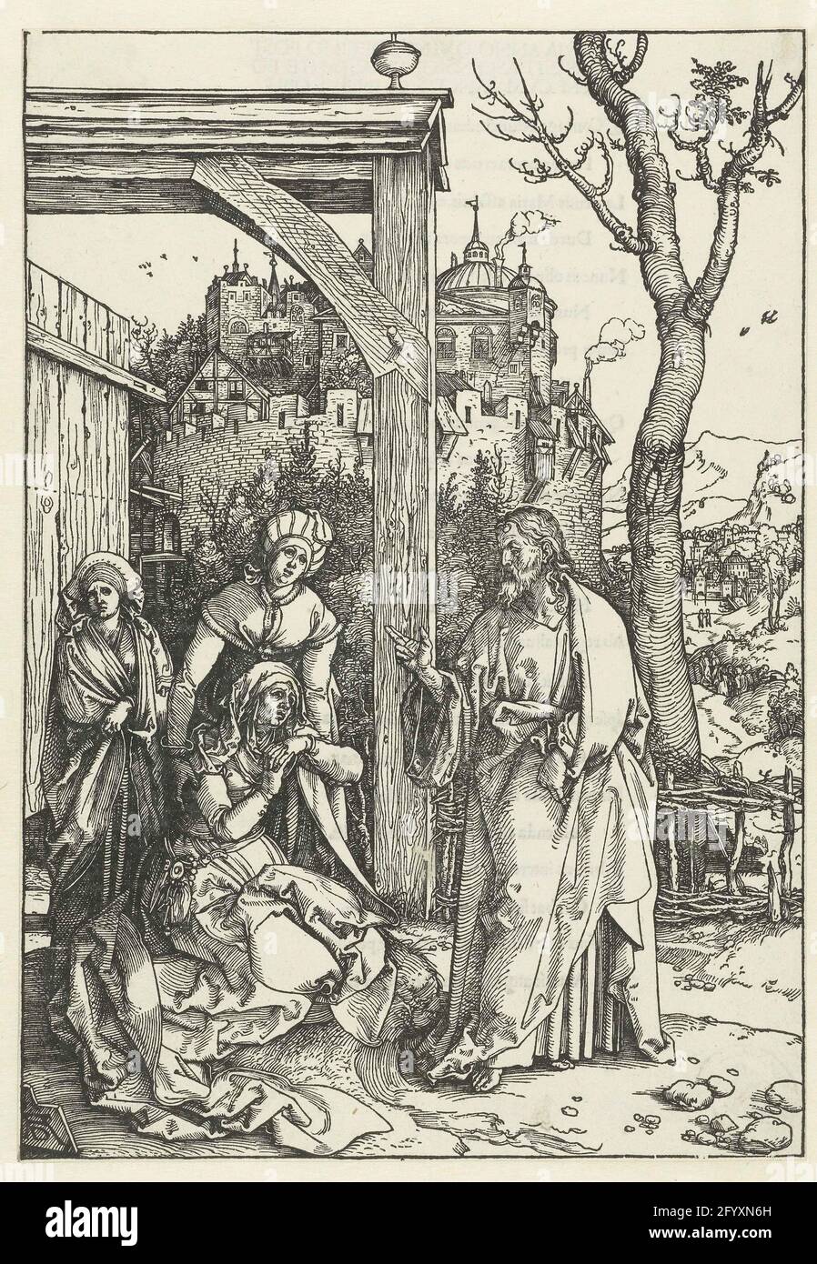 Christ says goodbye to Mary; Life of Mary. Maria kneels with sorrow departed face before Christ ...