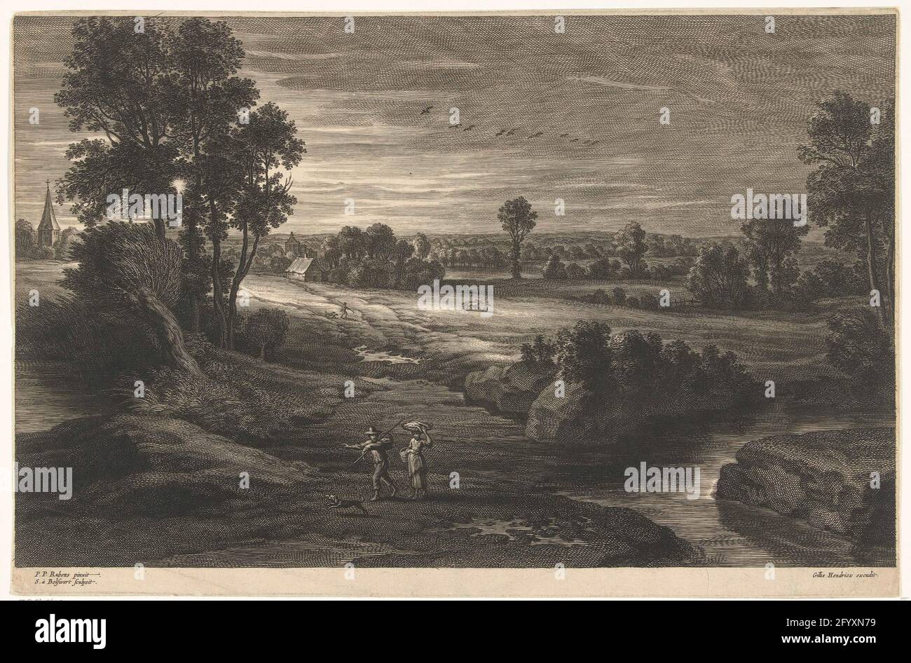 Landscape with watercourse and figures Stock Photo - Alamy