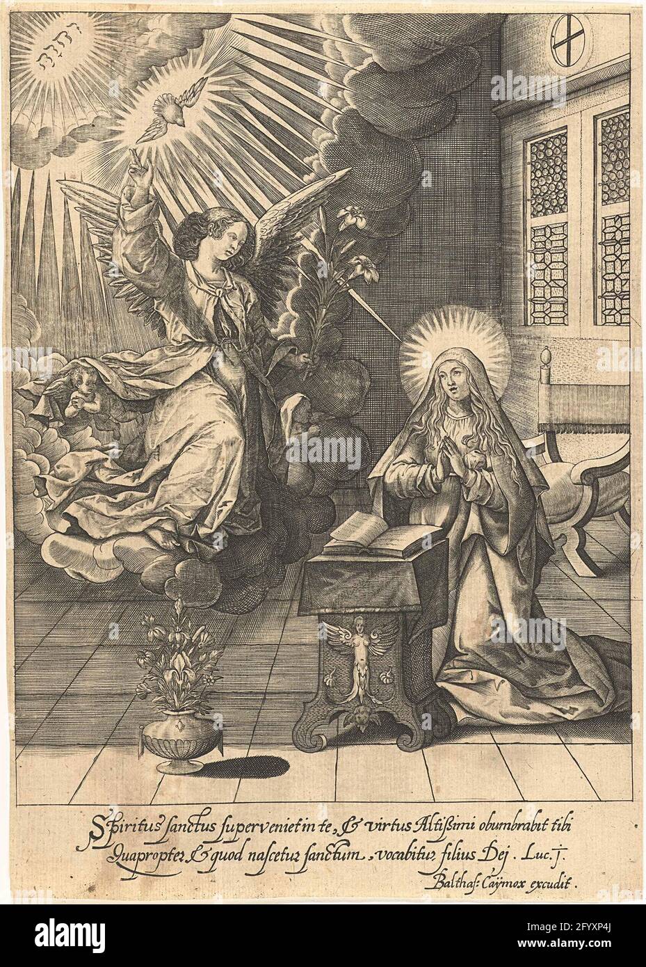 Maria proclamation. Maria kneels for an altar with a book and pray. An ...