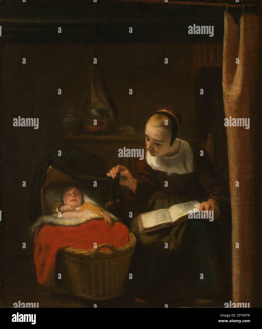 Young Woman at a Cradle. Young woman at a crib of braided reeds in ...