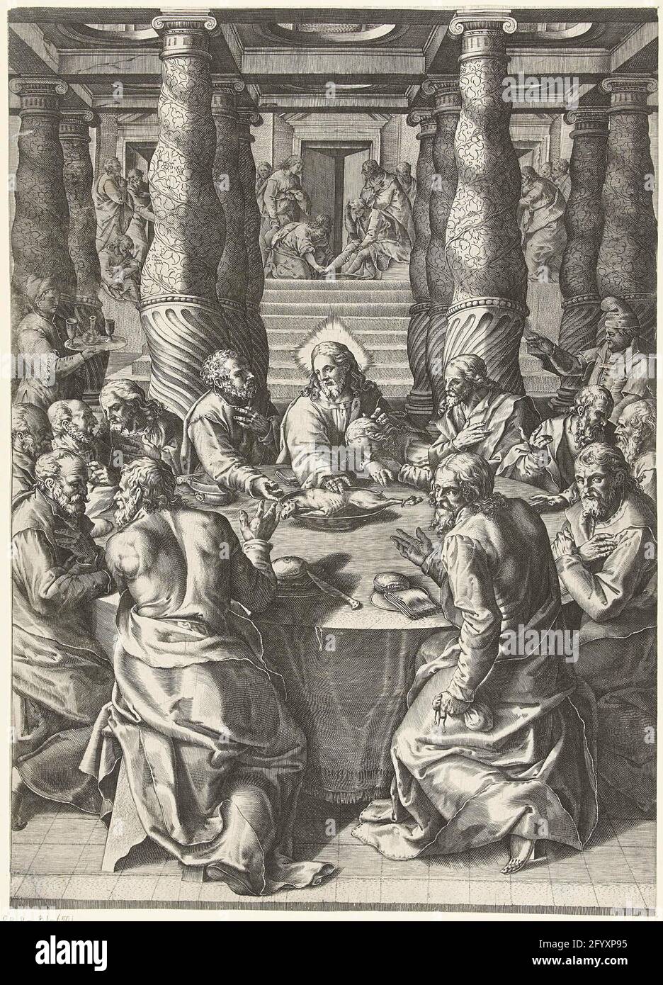 Last Supper. In a space with twisted columns, Christ is at a round ...