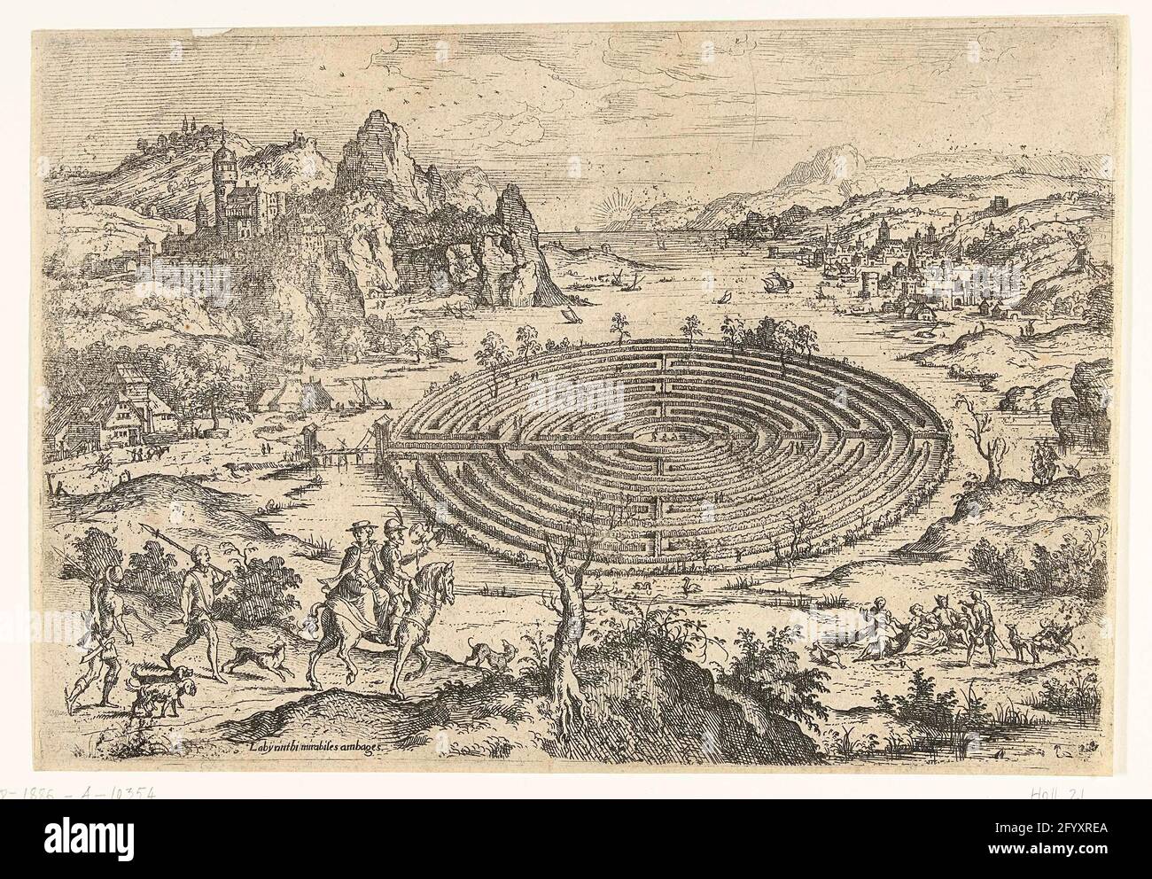 The Cretan labyrinth; Landscapes with biblical and mythological scenes. A group of hunters looks ...