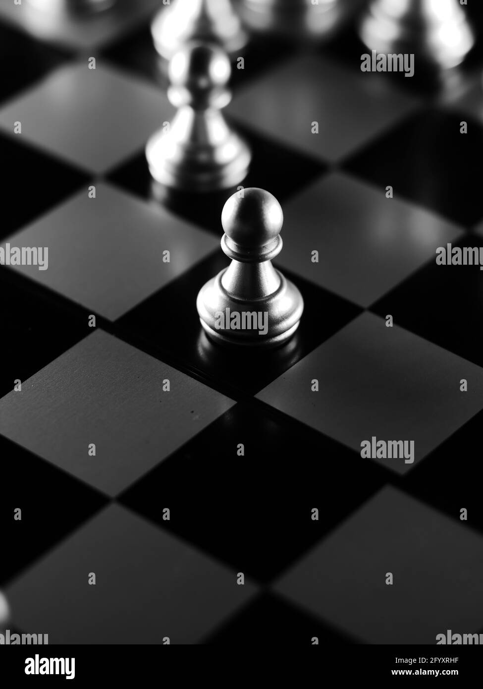 A dramatic grayscale shot of chess figures lit in the darkness Stock ...