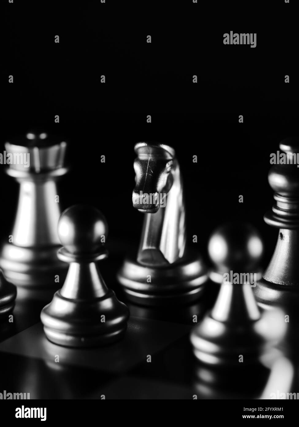 A dramatic grayscale shot of chess figures lit in the darkness Stock ...