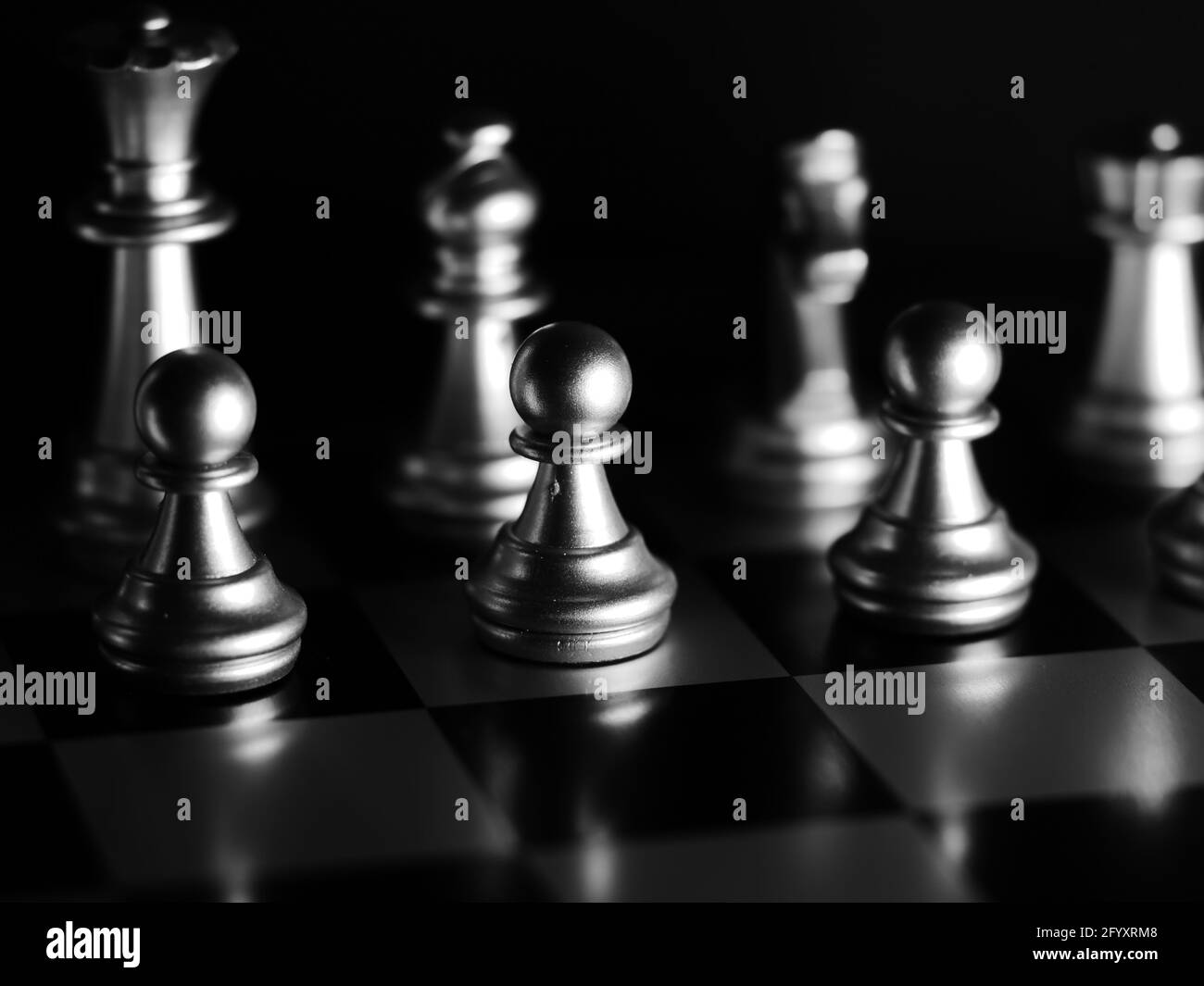 A dramatic grayscale shot of chess figures lit in the darkness Stock ...