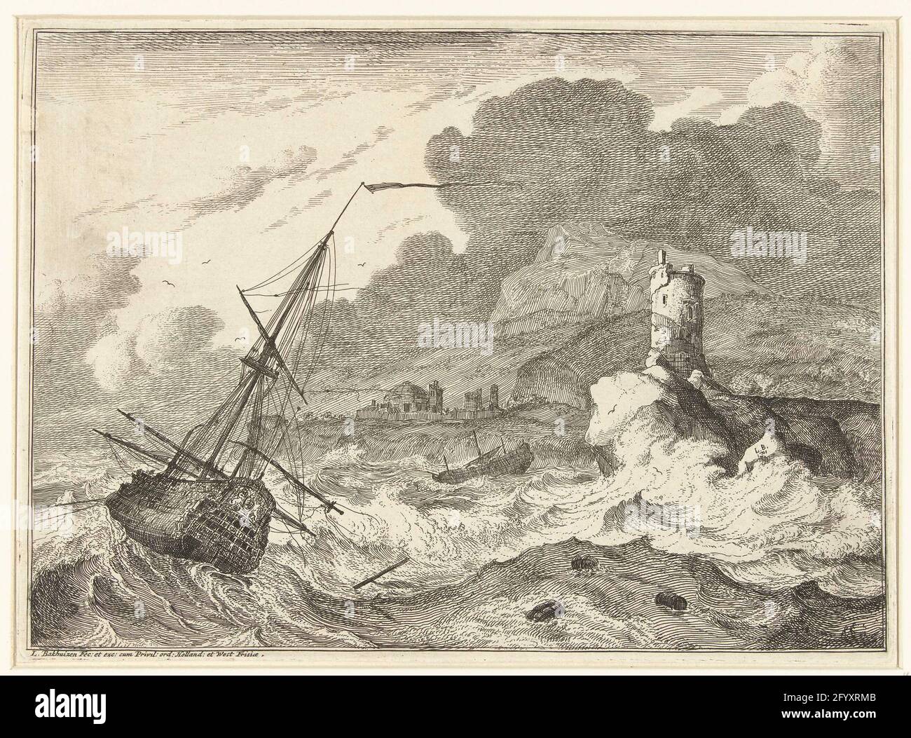 Ship in a rough sea; Seascapes. Ship in a rugged sea. Right on a rock a ...