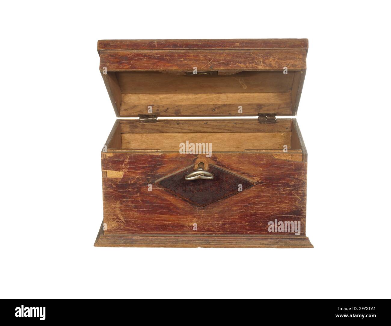Antique wooden chest with key and raised lid, inside empty, isolated on ...